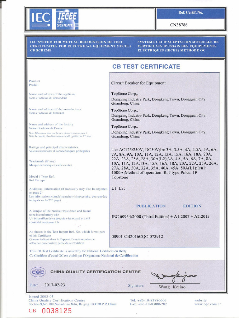 L1, L2 CB Certificate | PDF