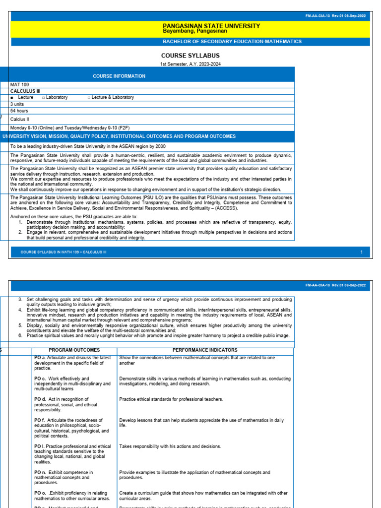 Calculus III Syllabus | PDF | Curriculum | Learning