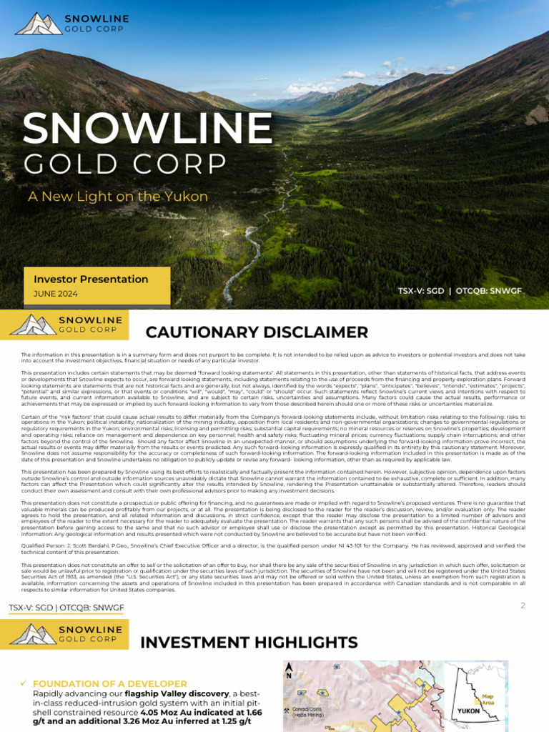 Snowline Gold Corp Investor Presentation June 2024 | PDF | Risk | Gold