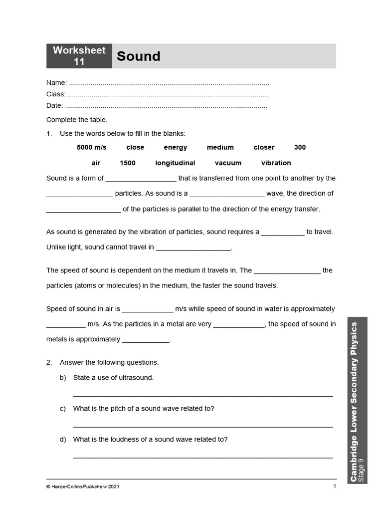 Chapter 11 Sound worksheets | PDF | Sound | Waves