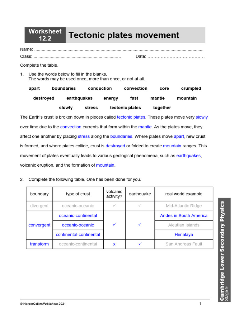 Chapter 12 Plate Tectonics Worksheets Ans | PDF | Plate Tectonics | Volcano
