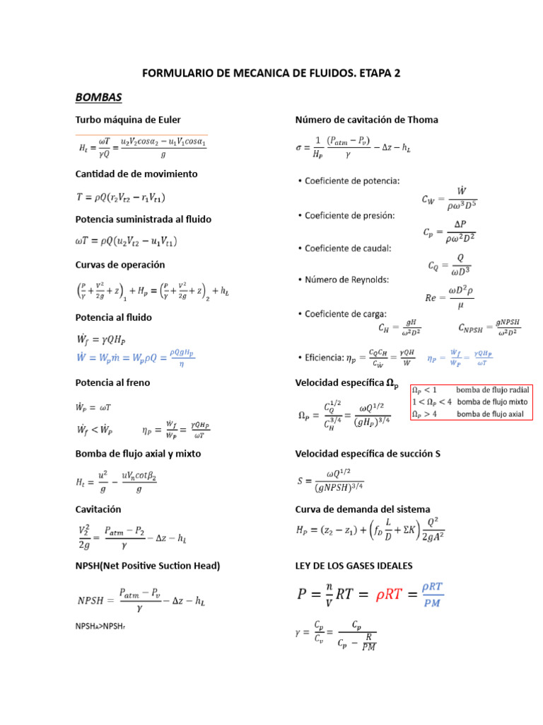 Formulario Mec - Flu-E2 | PDF | Arrastrar (Física) | Filtración
