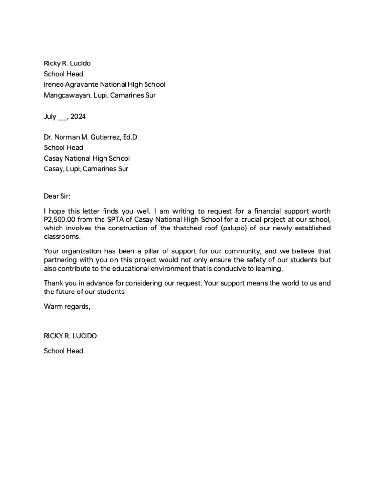 Request for Financial Support for Classrooms | PDF