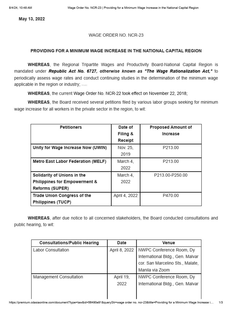 Wage Order No. NCR-23 - Providing For A Minimum Wage Increase in The ...