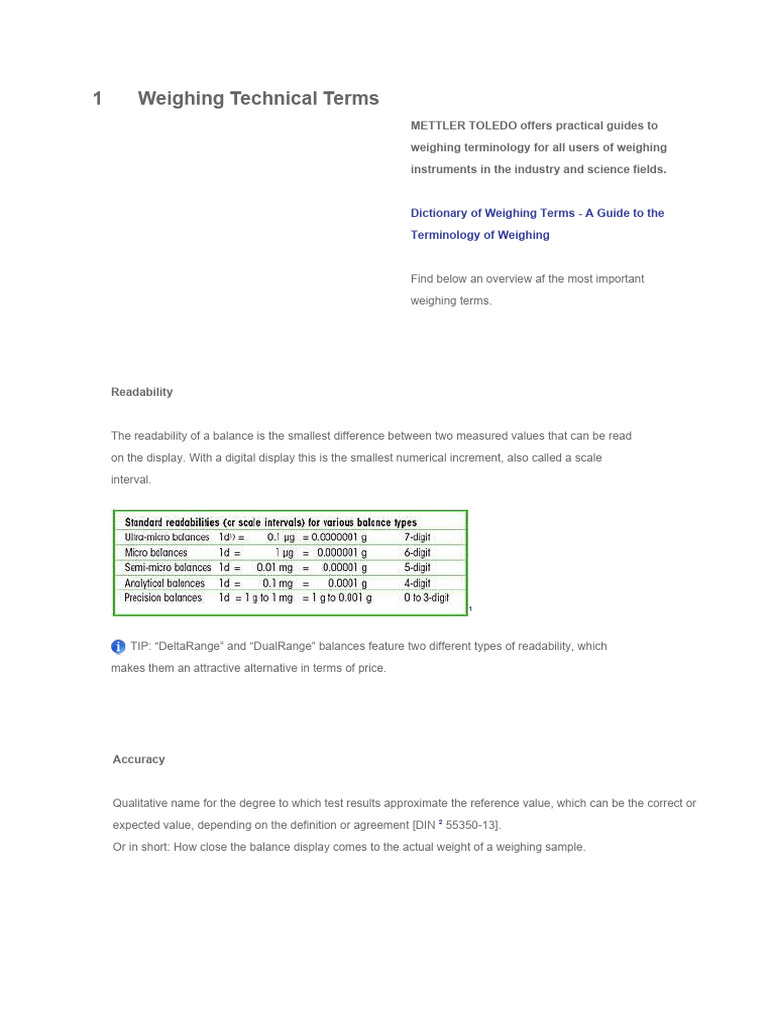 Weighing Technical Terms | PDF | Weighing Scale | Accuracy And Precision