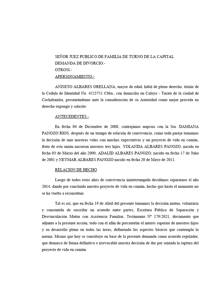 Demanda Aniseto | PDF | Divorcio | Instituciones sociales