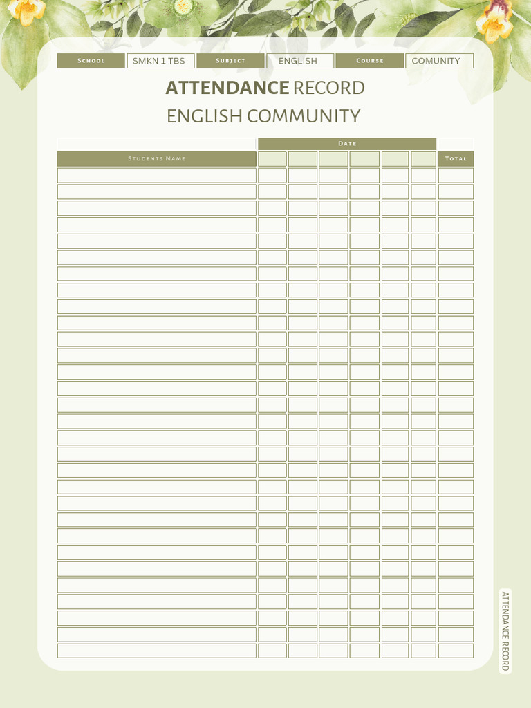Attendance List in Green and Yellow Watercolor Floral Style | PDF