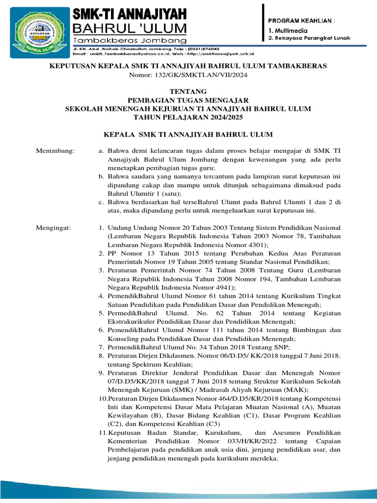 SK PEMBAGIAN TUGAS MENGAJAR Ganjil Tapel 2024-2025 | PDF