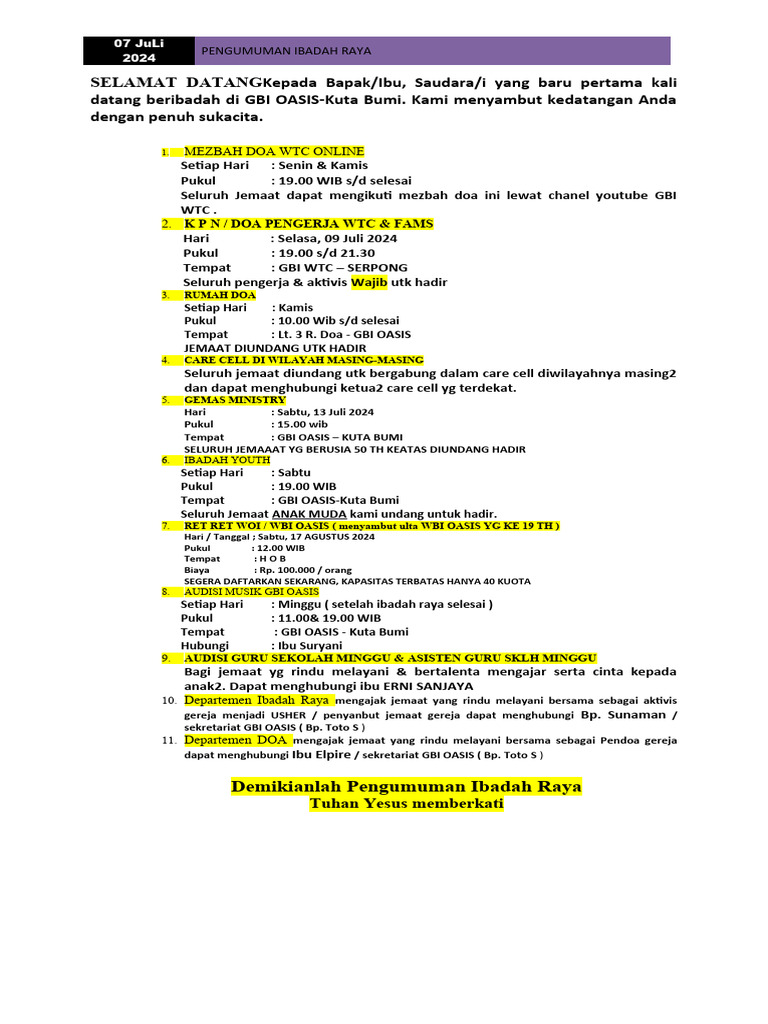 Pengumuman Ibadah Raya Minggu 07 Juli 2024 | PDF