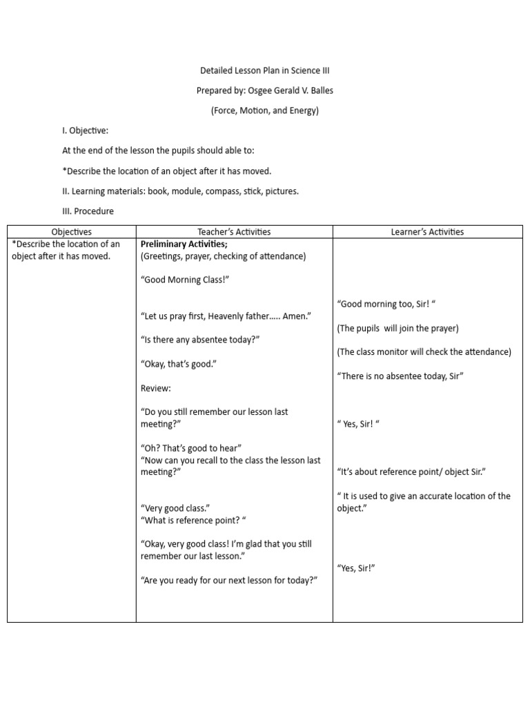 Detailed Lesson Plan in Science 3.2 | PDF | Force | Lesson Plan