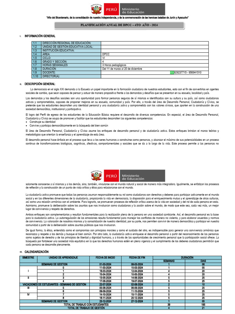 PLANIFICACIÓN ANUAL 2024 - DPCC 4to OK | PDF | Aprendizaje | Enseñando