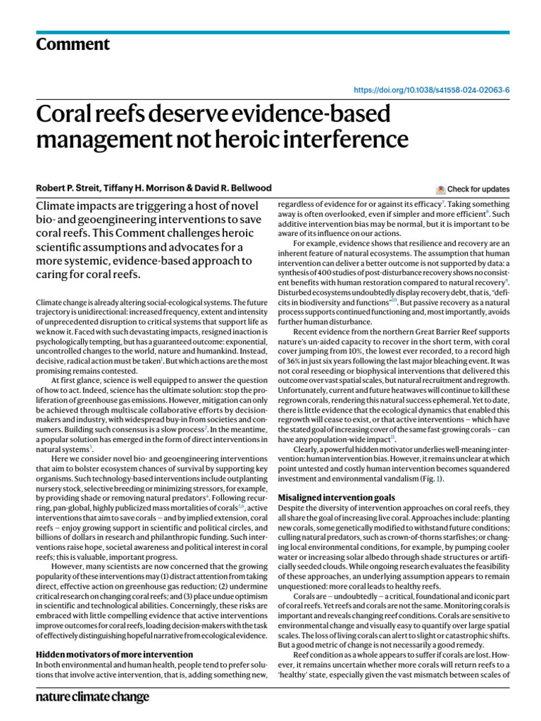 Coral Reefs Deserve Evidence-Based Management Not Heroic Interference ... Coral Reefs Deserve Evidence-Based Management Not Heroic Interference ...