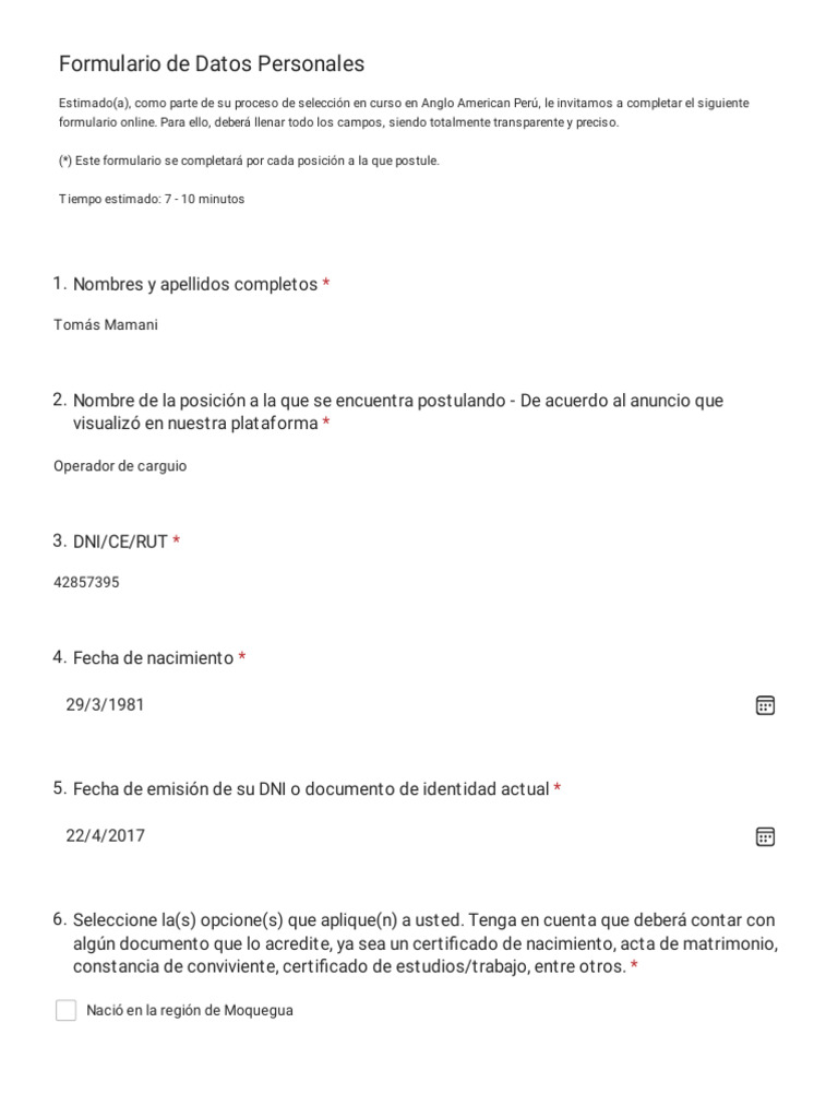 Formulario de Datos Personales | PDF | Documento de identidad