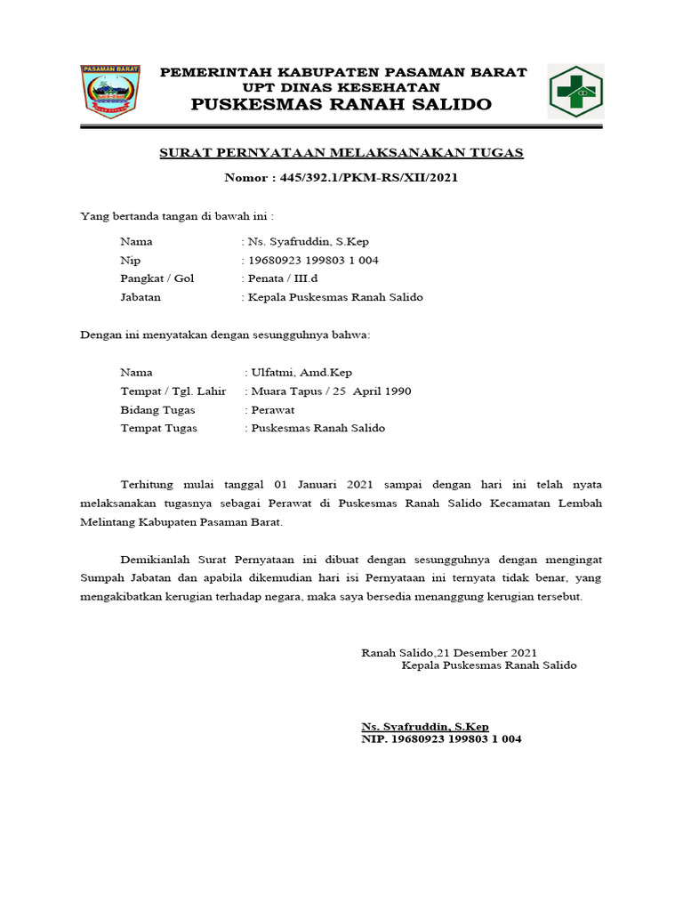 Surat Pernyataan Melaksanakan Tugas | PDF