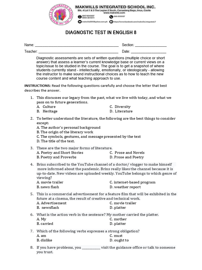 Diagnostic Test in English 8 | PDF | You Tube | Graphics