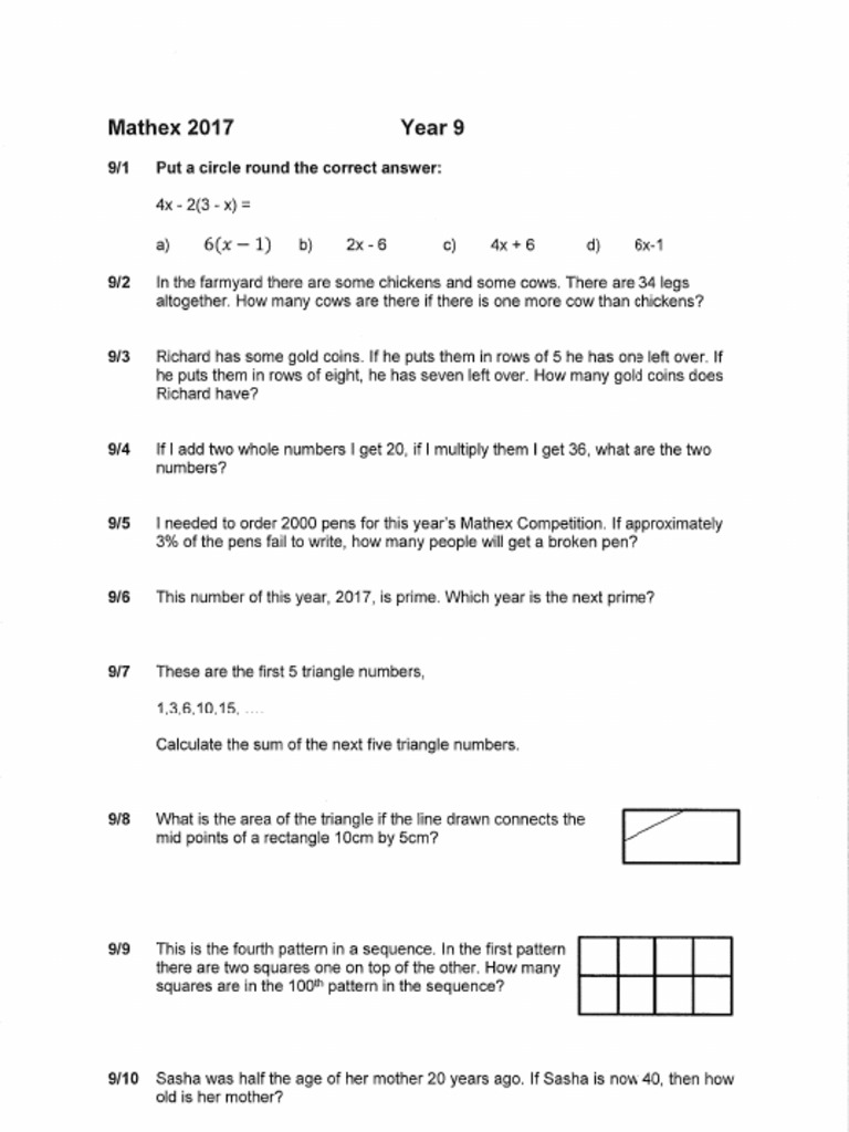 Year 9 Mathex Questions and Answers 2017 | PDF