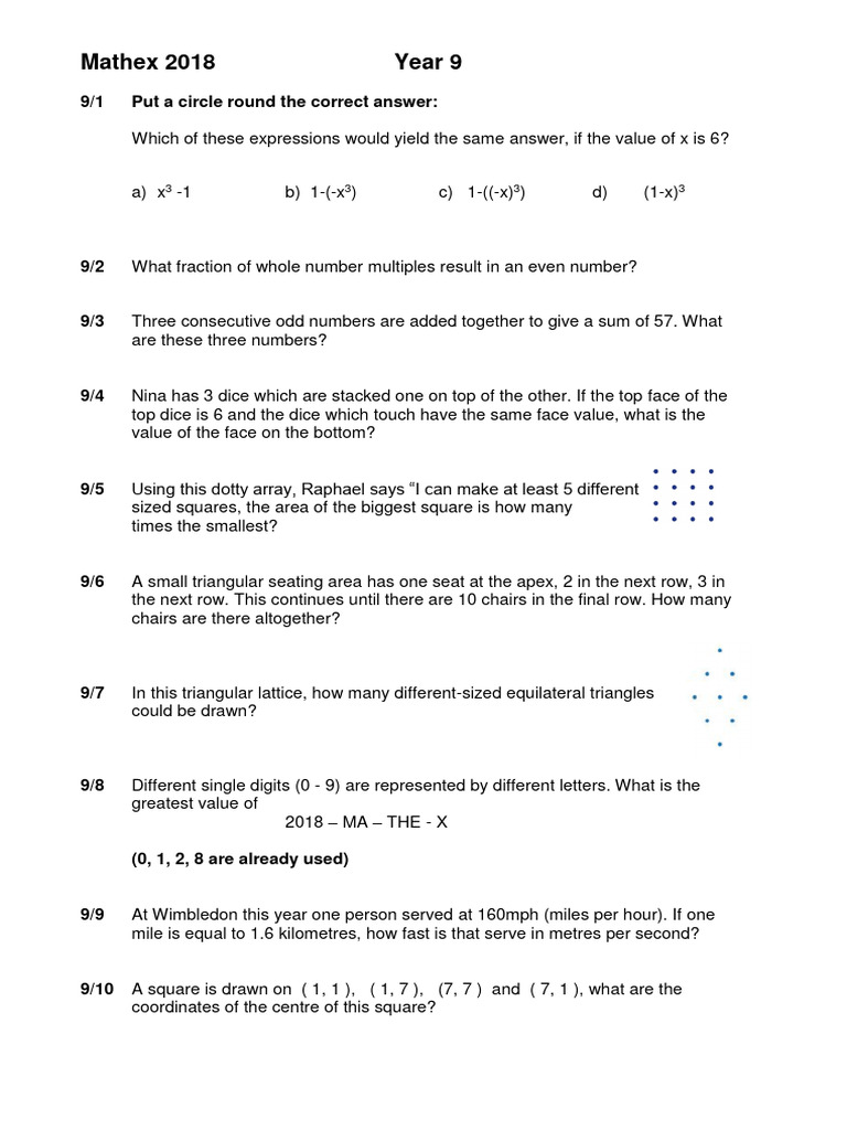 Mathex Year 9 2018 | PDF | Area | Odds