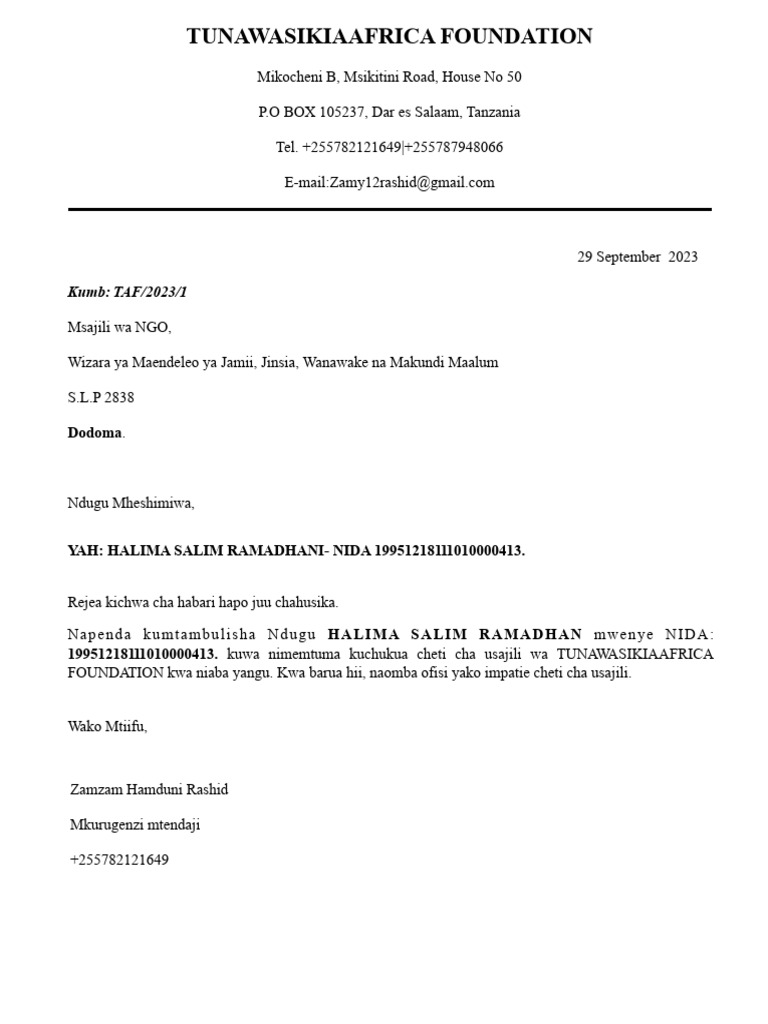 Barua Ya Utambulisho - Kuchukua Cheti Cha Usajili Wa NGO | PDF