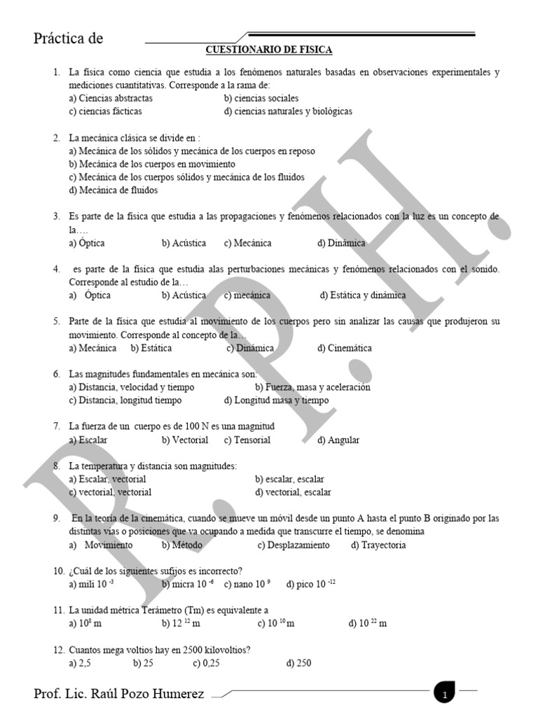 CUESTIONARIO DE FISICA 2023 | PDF | Mecánica | Fuerza