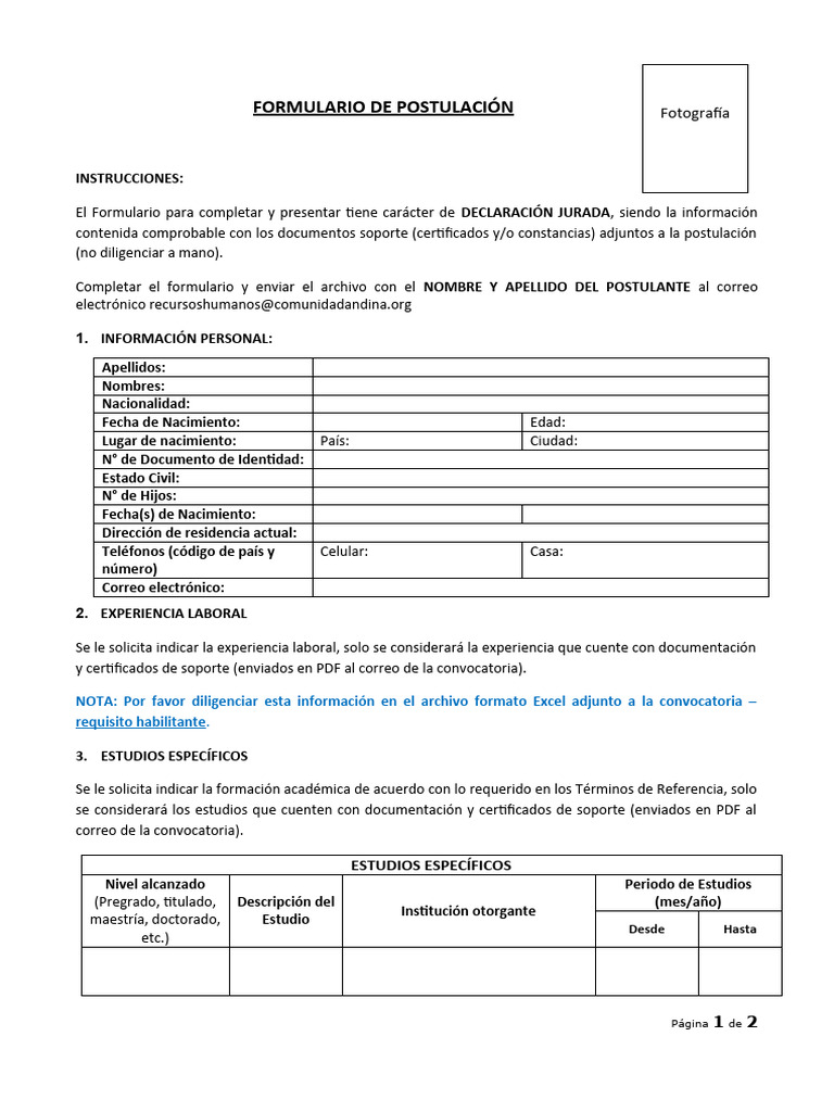 Formulario de Postulacion | PDF | Documento de identidad