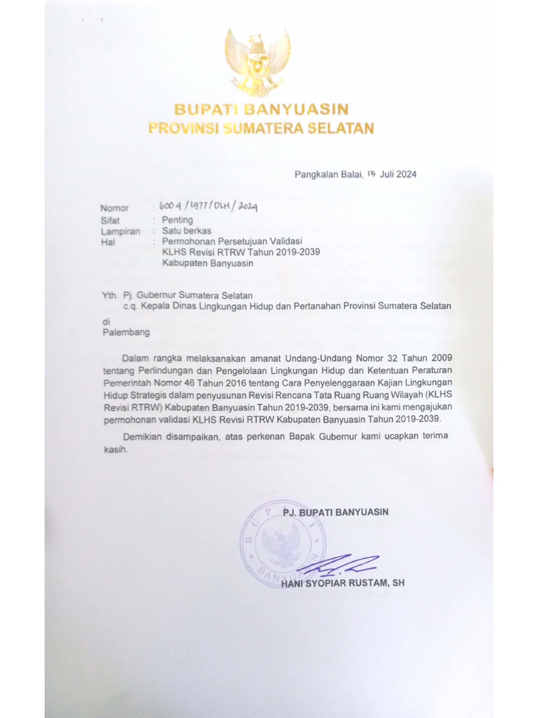 Permohonan Validasi KLHS REVISI RTRW | PDF