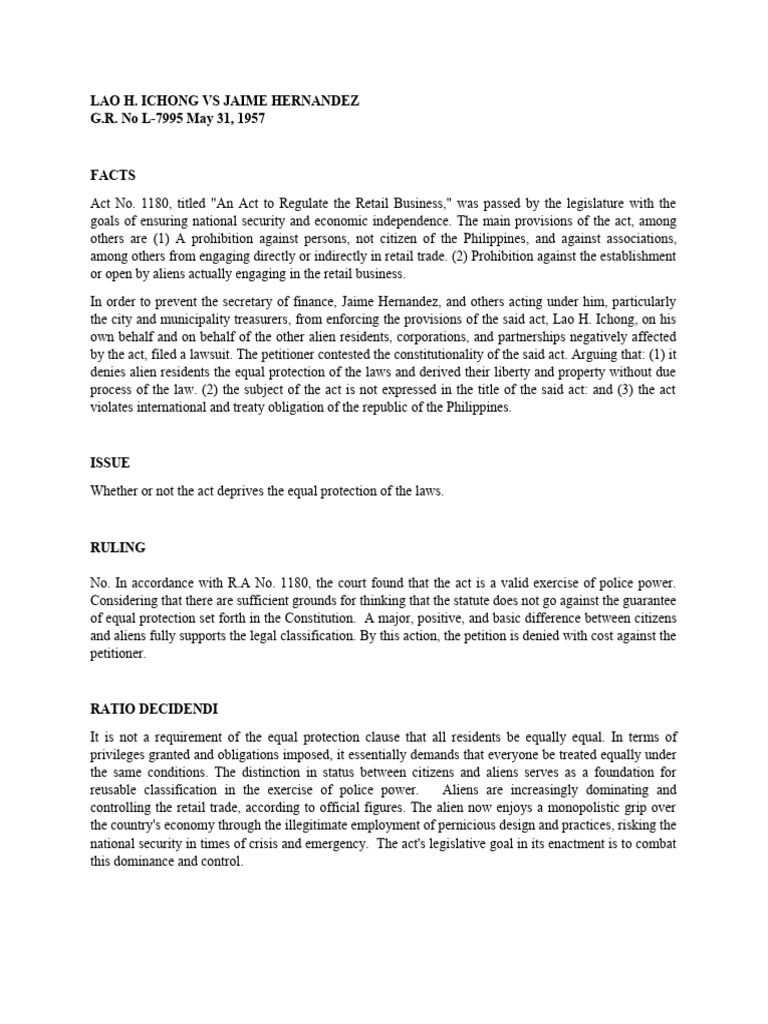 Lao H. Ichong VS Jaime Hernandez | PDF | Equal Protection Clause | Citizenship