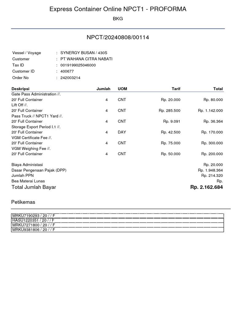 Proforma NPCT2024080800114 | PDF