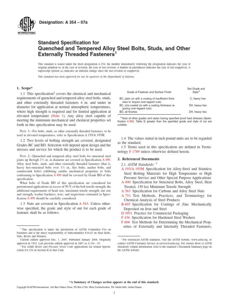ASTM A354-2007a | PDF | Screw | Steel