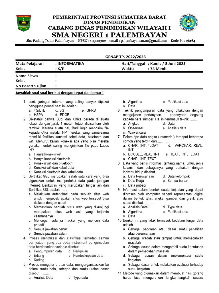 Okeee Soal Informatika Kelas X Sem 2 Ok | PDF | Komputer