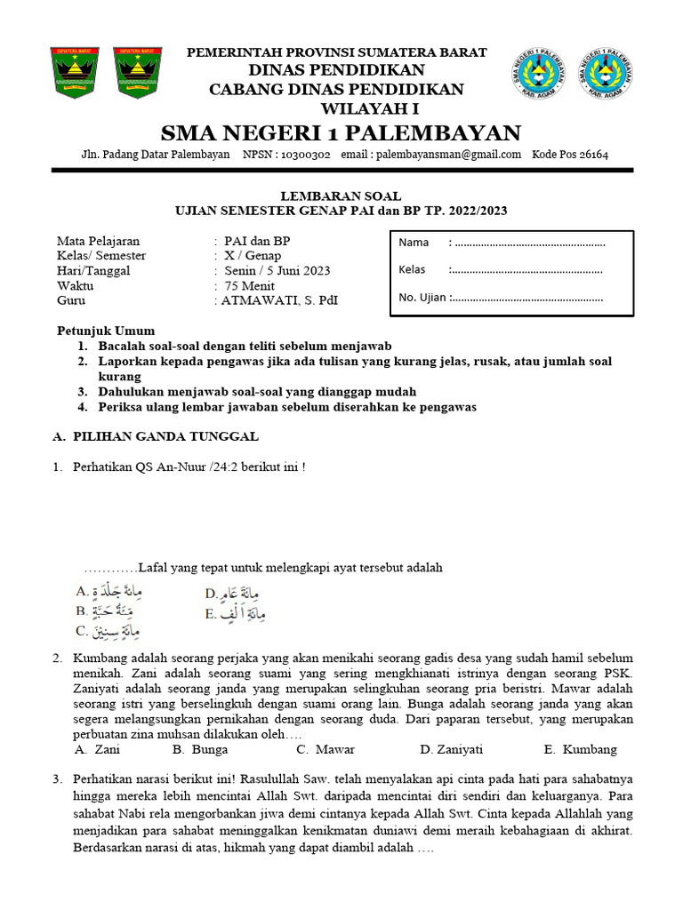 OKEEE SOAL SEMESTER GENAP Kls X PAI TH 2023 | PDF | Ilmu Sosial | Agama & Spiritualitas