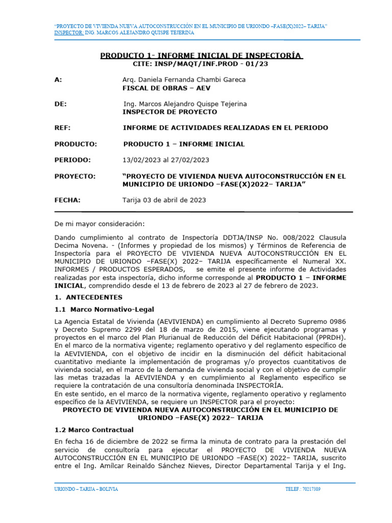 Informe de Actividades de Inspectoria P1 | PDF | Materiales de construcción | Materiales