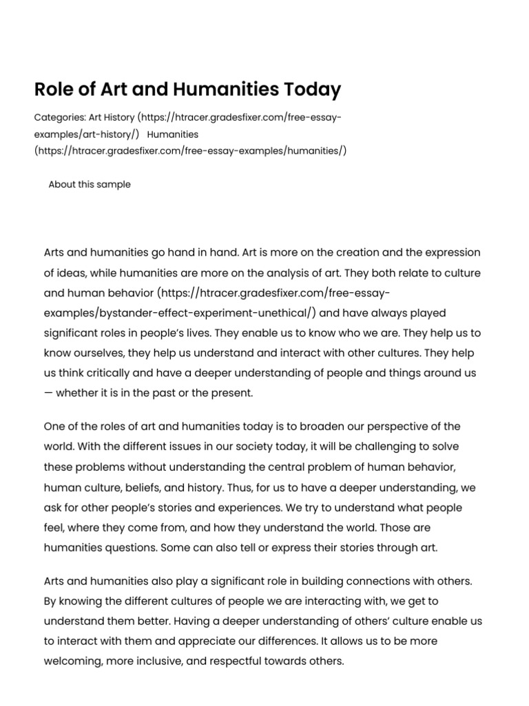 Role of Art and Humanities Today - (Essay Example), 421 Words ...