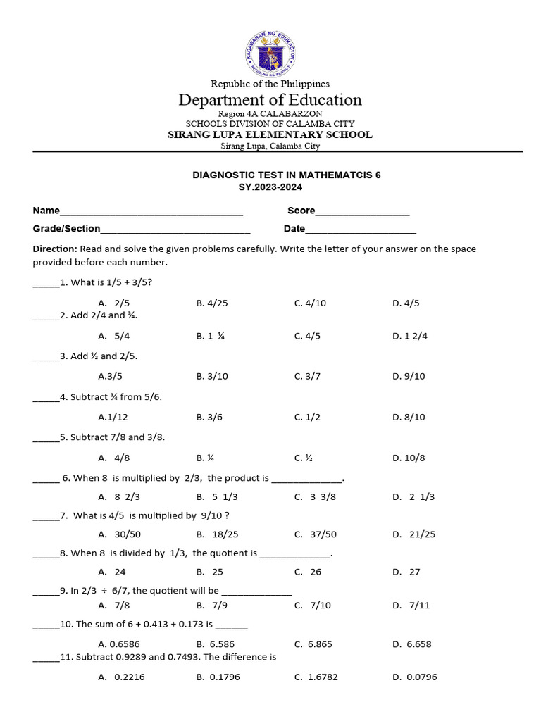 Diagnostic in Mathematics | PDF | Ratio | Triangle