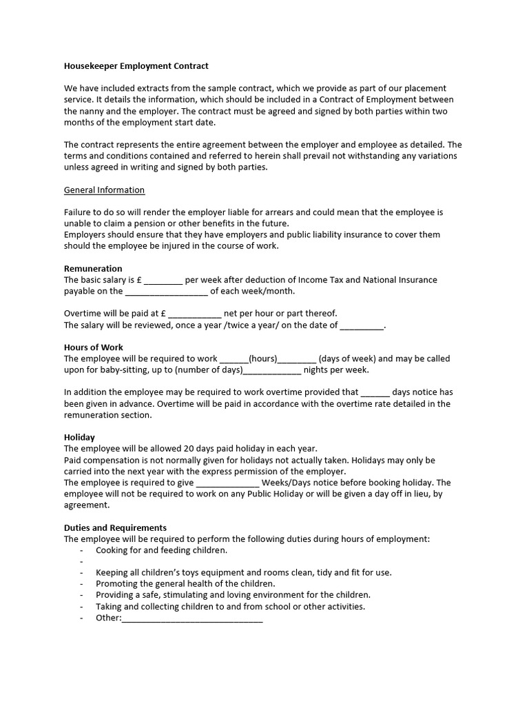Housekeeper Contract of Employment | PDF | Employment | Overtime