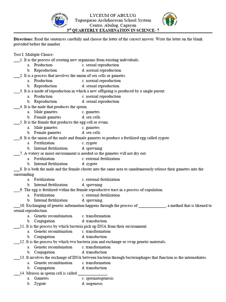 3rd Periodic Exam Science 7 | PDF | Sexual Reproduction | Fertilisation