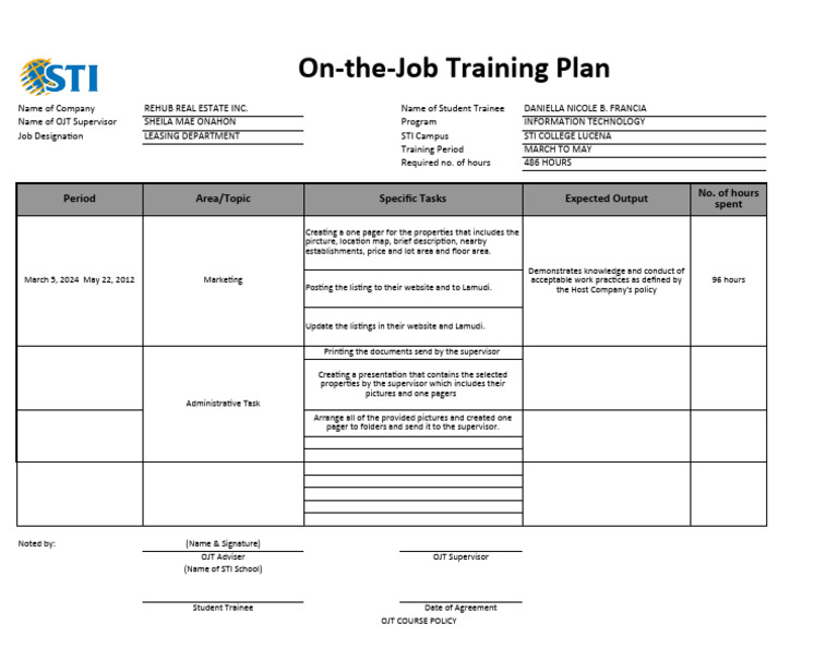 OJT Training Plan Template | PDF | Behavior Modification