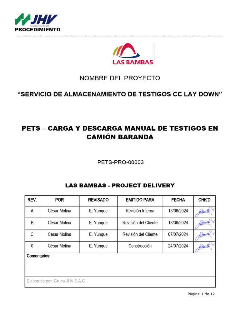 PETS-0003 - Carga y Descarga Manual de Testigos en Camión Baranda ...