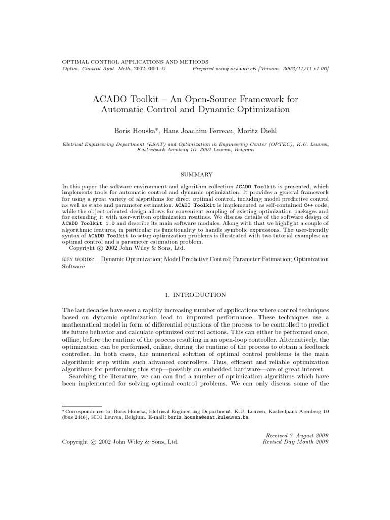 Acado Toolkit An Open Source Framework F Pdf Optimal Control Mathematical Optimization