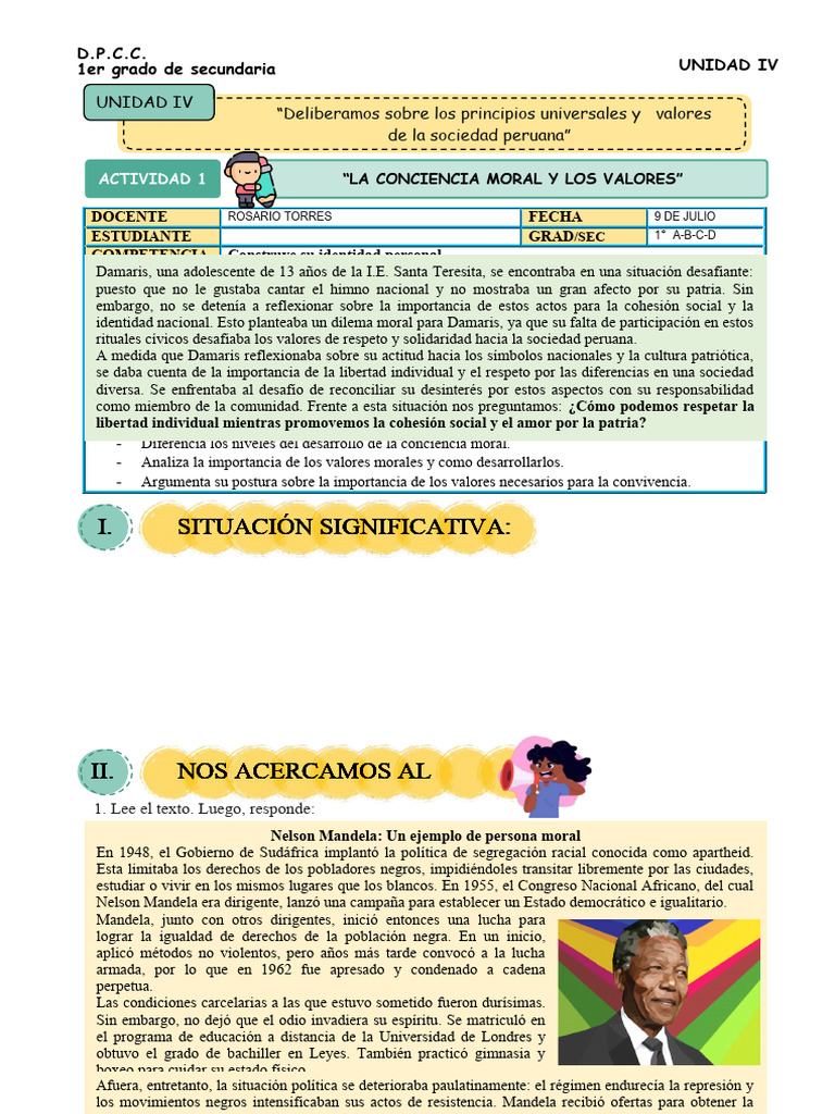 1° DPCC - Actv.01-Und.4 2024 | PDF | Moralidad | Nelson Mandela