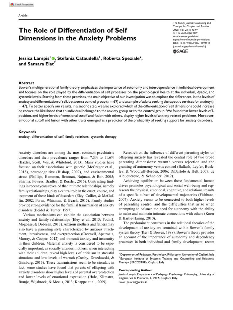 The Role of Differentiation of Self Dimensions in The Anxiety Problems ...