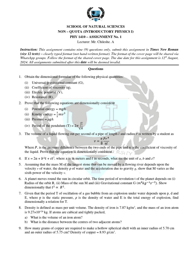 PHY 1410 Assignment No. 1 | PDF | Density | Pressure