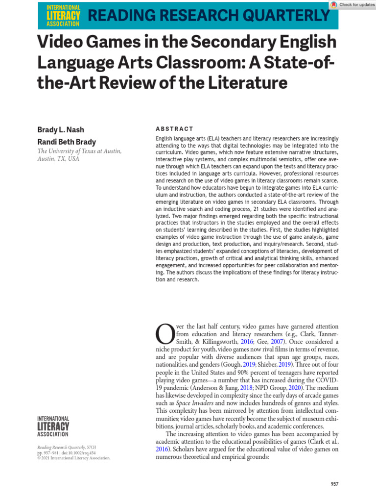 Reading Research Quarterly - 2021 - Nash - Video Games in The Secondary ...