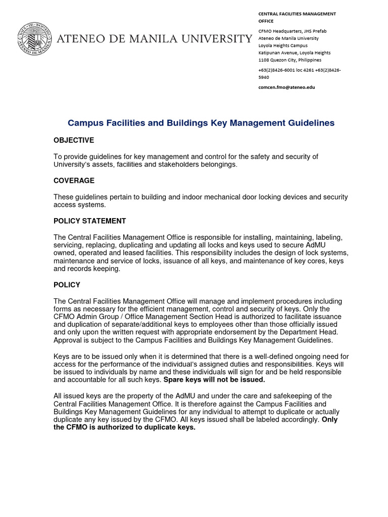 Key Management Guidelines for AdMU Facilities | PDF