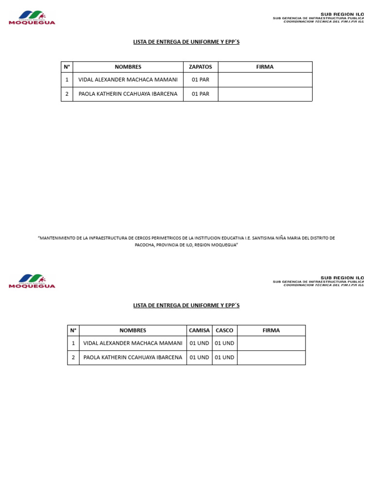 Lista de Entrega de Uniforme y Epp 2 | PDF