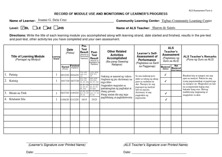 ALS Assessment Form 2 Sample BL | PDF