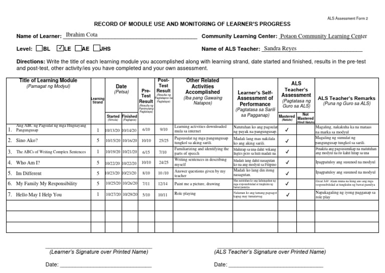 ALS Assessment Form 2 Sample LEL | PDF