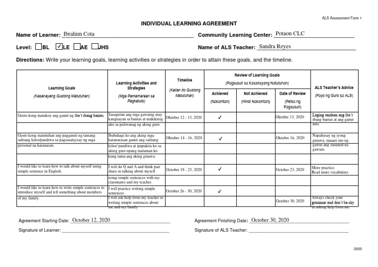 ALS Assessment Form 1 Sample LEL | PDF | Cultural Assimilation ...