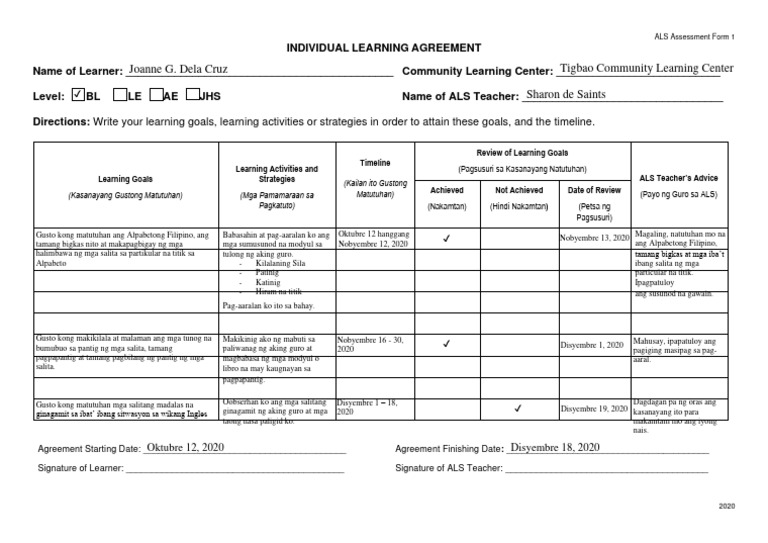 ALS Assessment Form 1 Sample BL | PDF