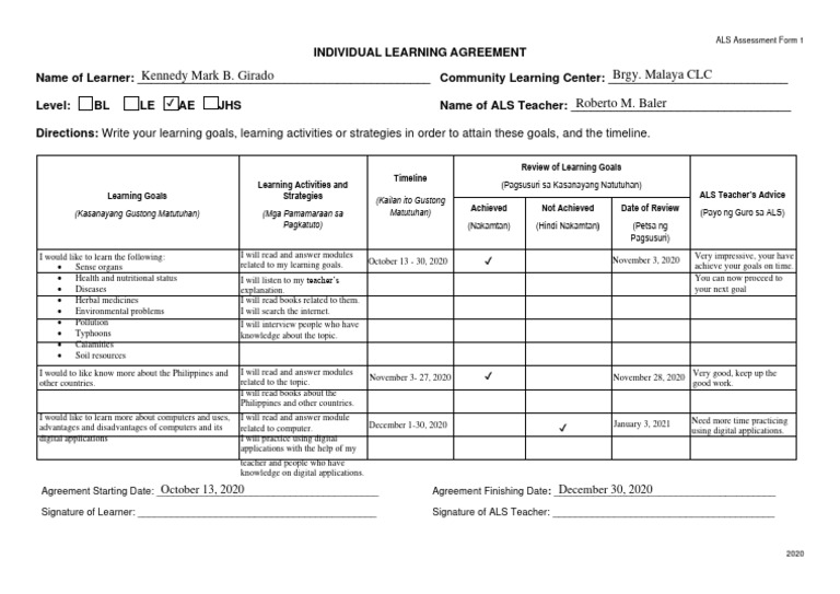 ALS Individual Learning Agreement Form | PDF | Cognitive Science ...
