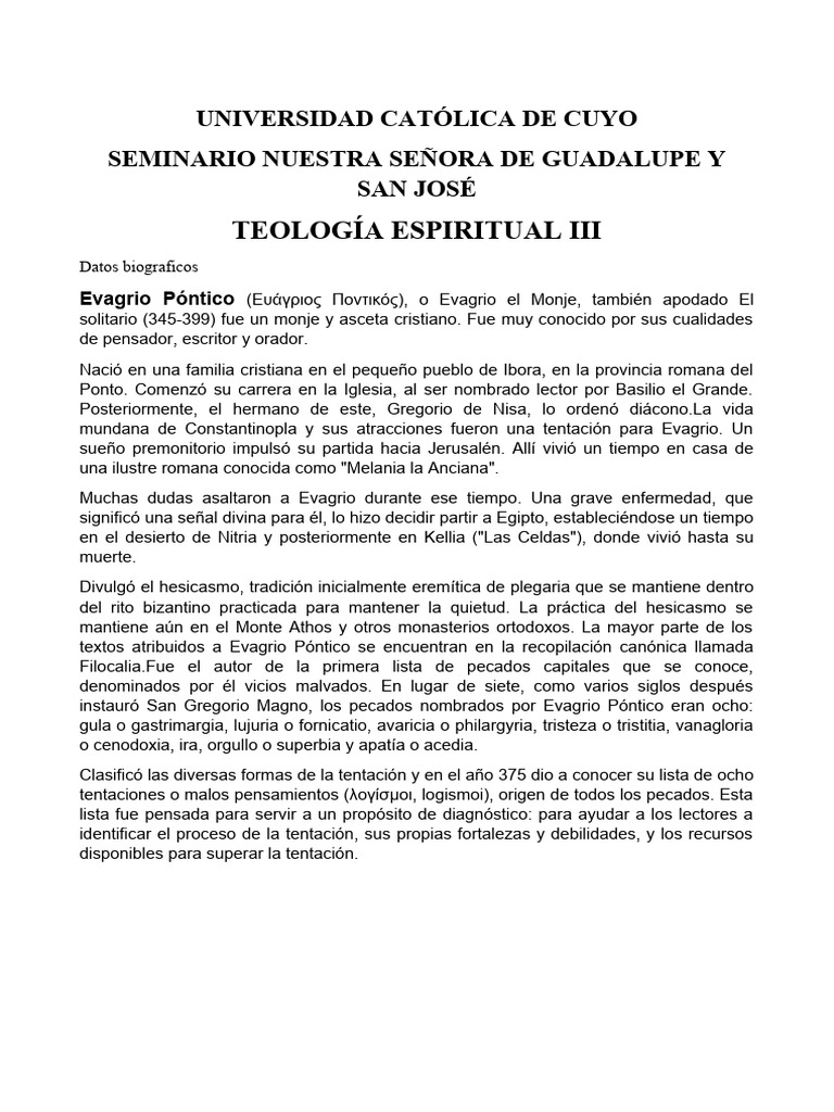 Ocho Pecados de Evagrio Póntico | PDF